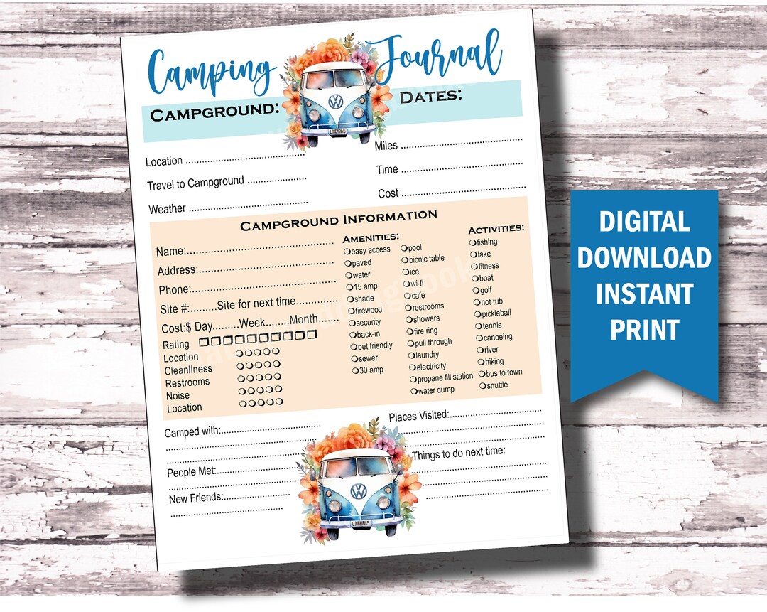 Camping Journal Page, Digital Download, Record of Campgrounds, Camper ...