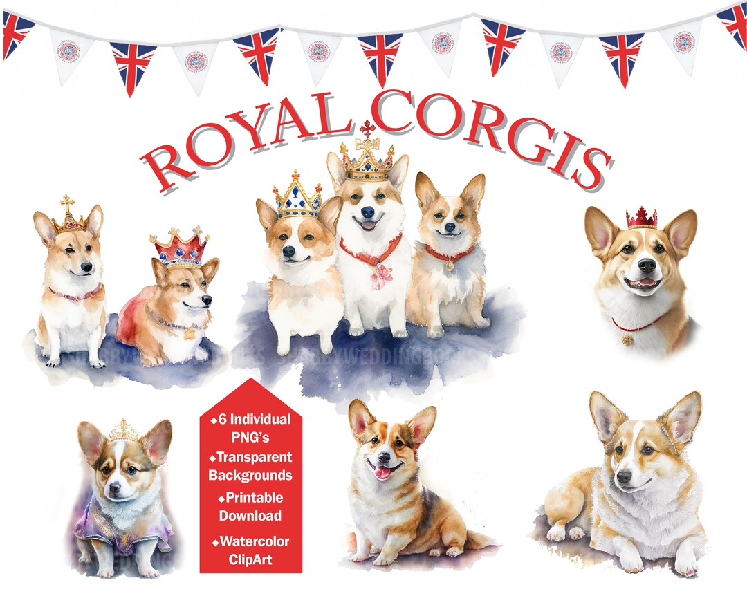 Royal Corgis, Set of 6 Digital Downloads, 8 X 8 300 Dpi PNG Watercolor ...