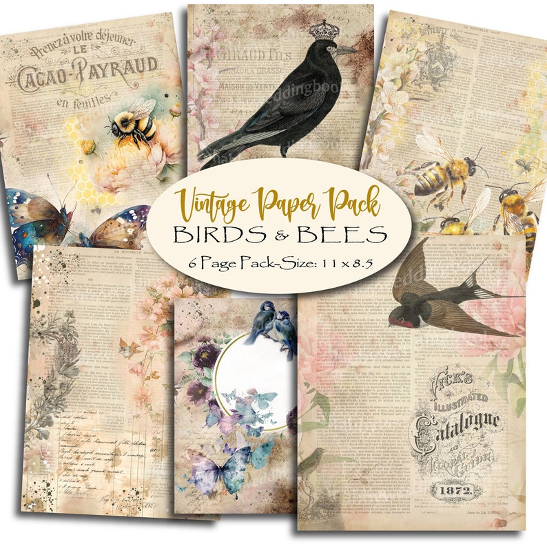 6 Scrapbooking Sheets for Journals, Craft Projects, Birds & Bees Paper ...