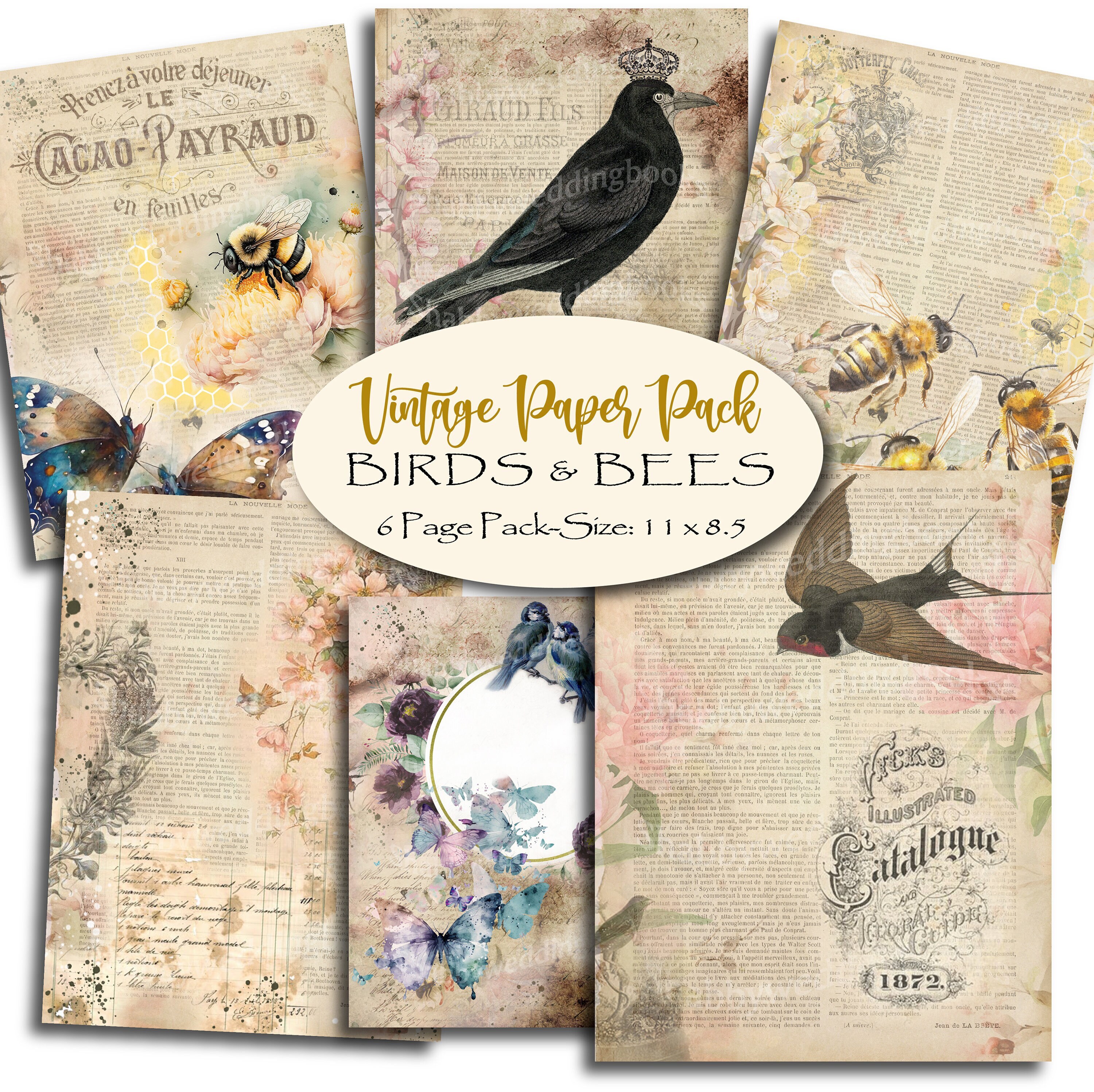 Downloadable Birds and Bees Scrapbooking Papers, 6 Printable Sheets for ...