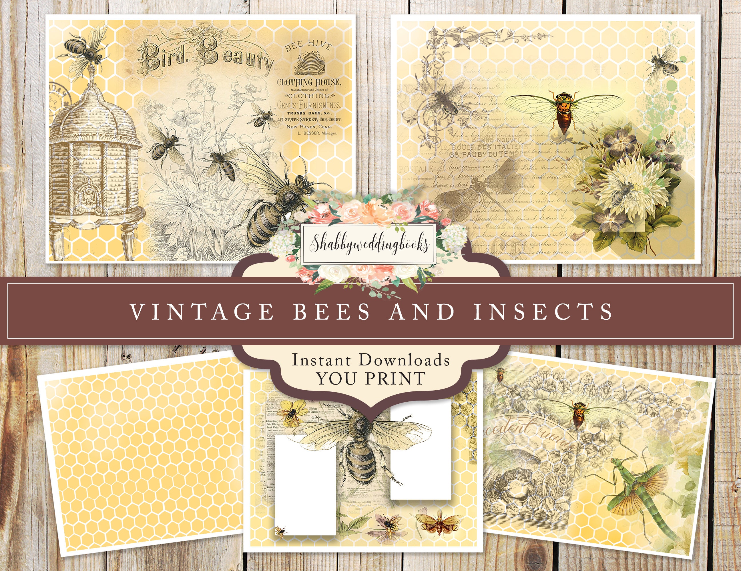 5 Bee and Insect Themed Digital Papers Vintage Paper Theme, Digital ...