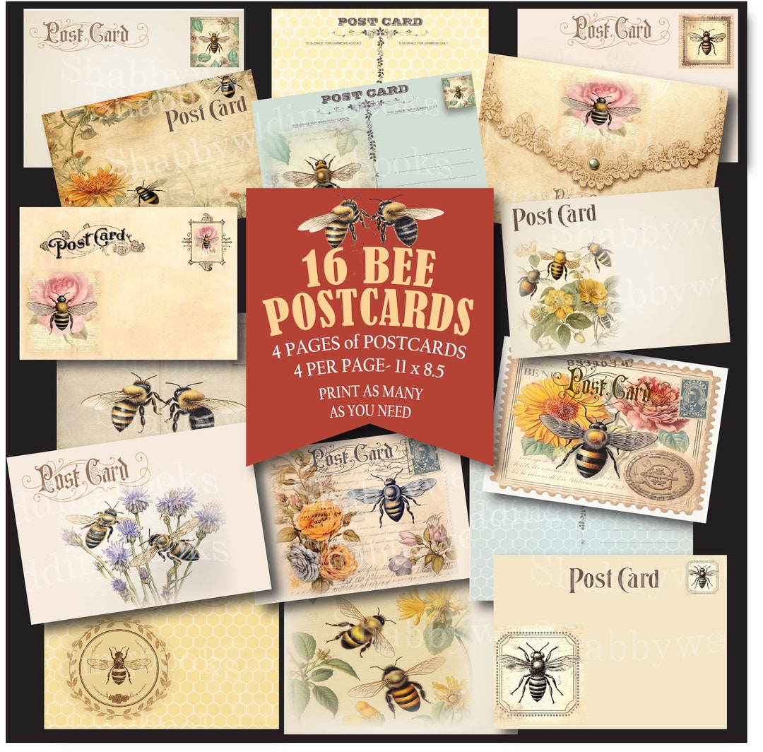 16 Bee Postcards, Printable Kit, Digital Download, Printable Ephemera ...