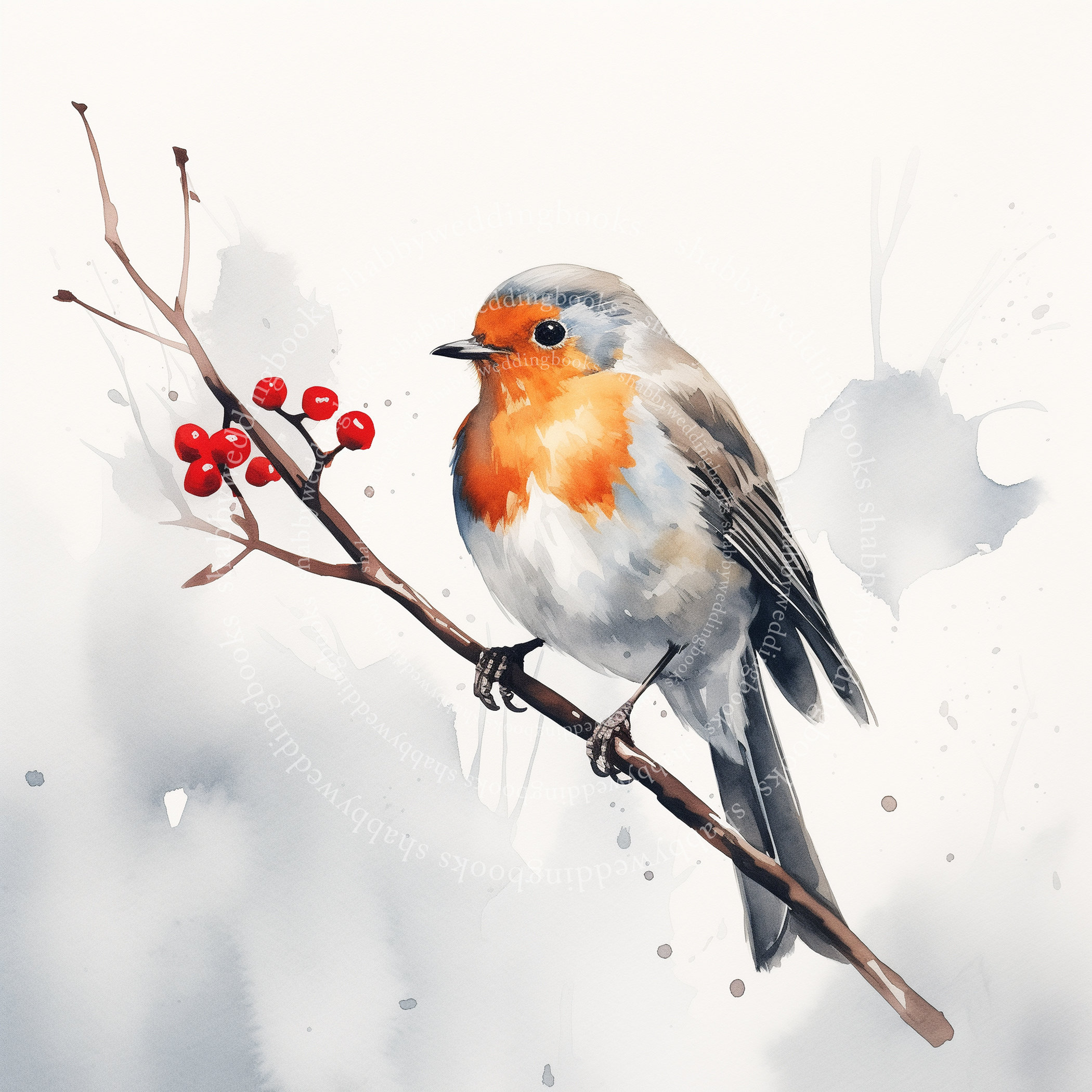 Three English Red Robin Redbreast Watercolor Illustrations, JPG ...