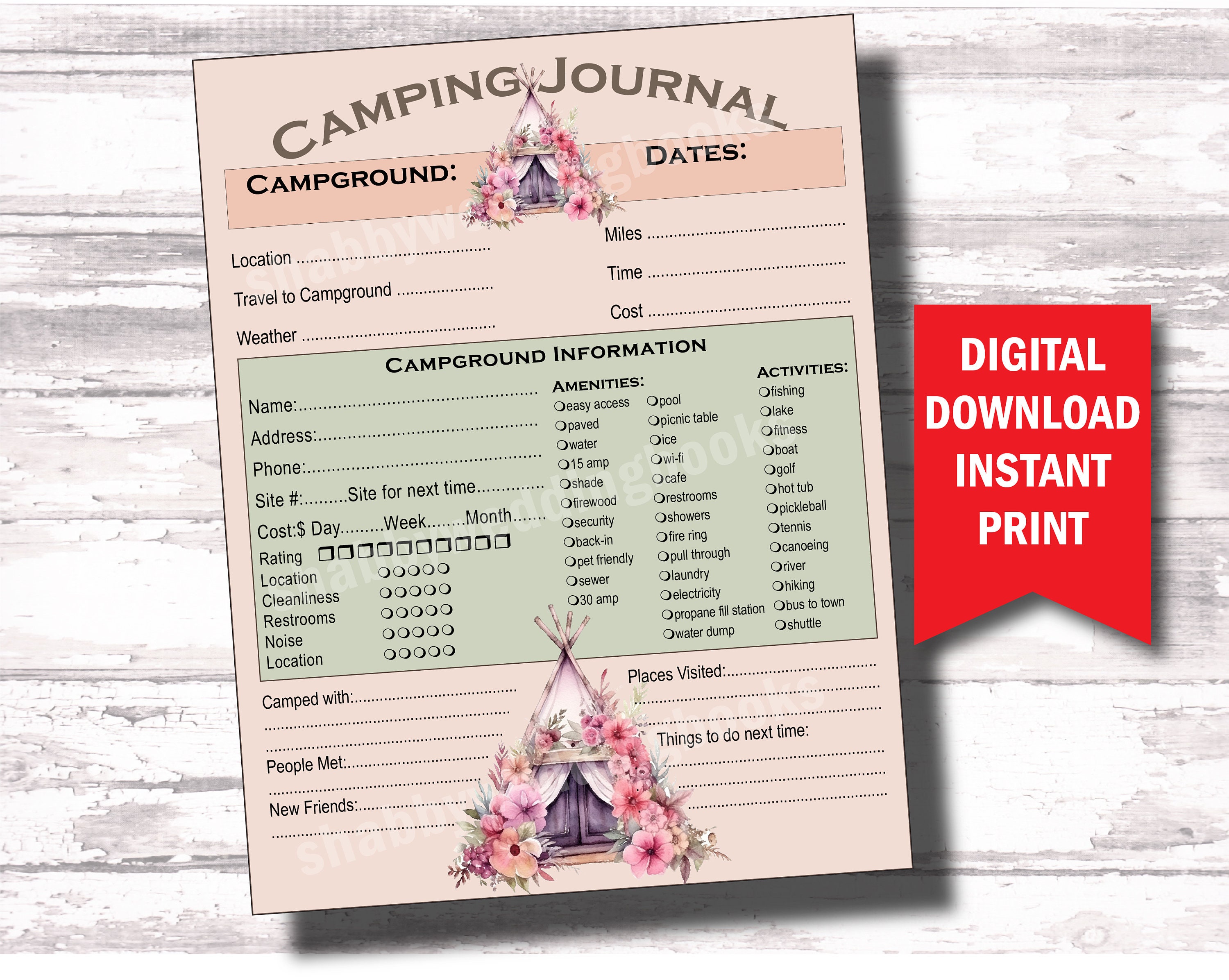 Camping Journal Page, Digital Download, Record of Campgrounds, Camper ...