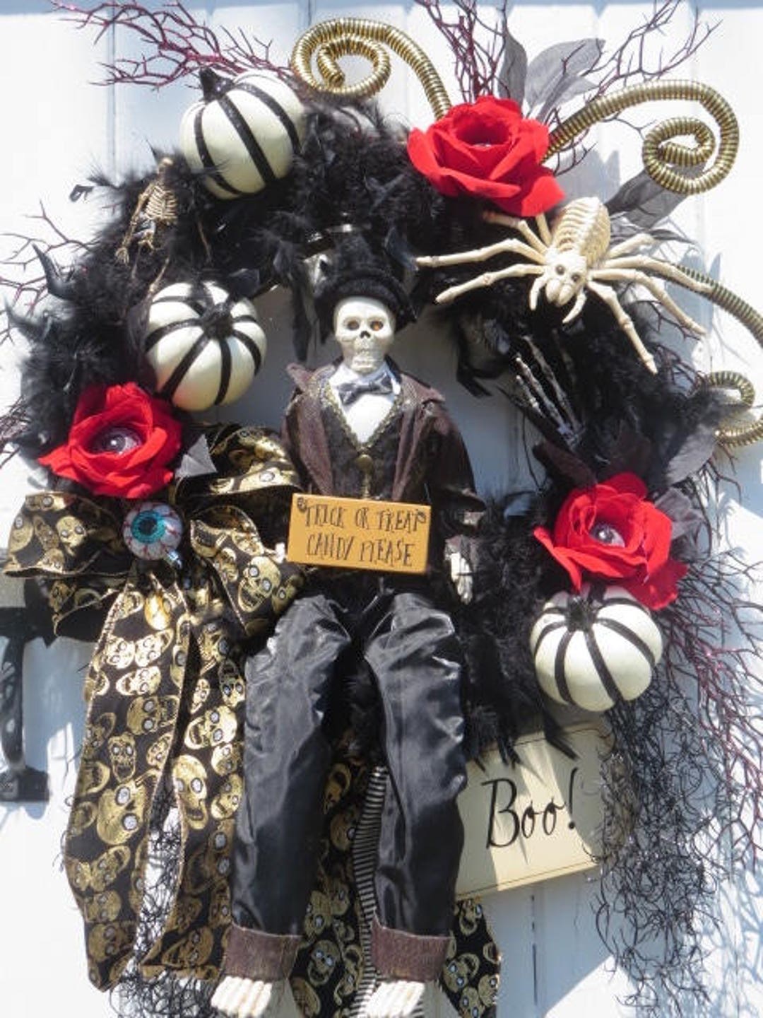 Skeleton Halloween Door Wreath, Spooky Halloween Wreath, Black Tuxedo ...
