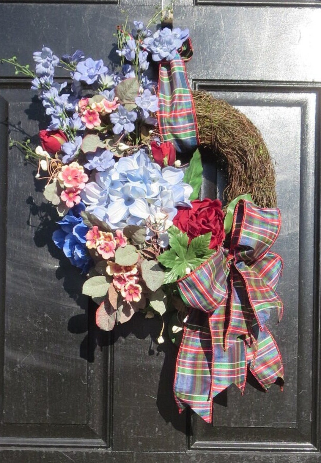 Moss Farmhouse Wreath: Blue Hydrangeas, Plaid Ribbon, Spring Door Decor ...