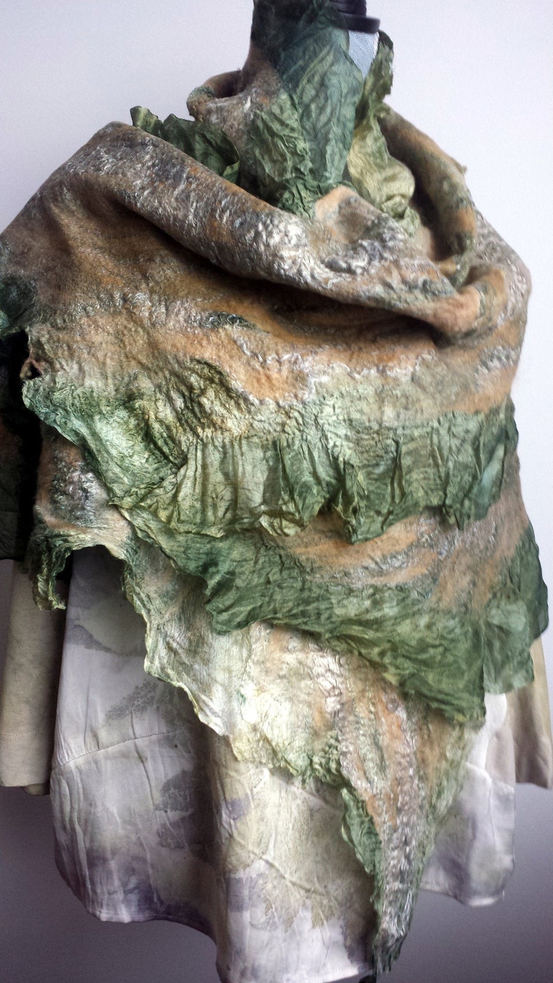 Wearable Art Shawl Nuno Felt Silk Scarf Olive Gold Boho-chic Eco ...