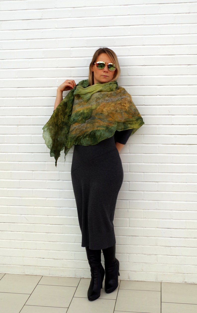 Wearable Art Shawl Nuno Felt Silk Scarf Olive Gold Boho-chic Eco ...