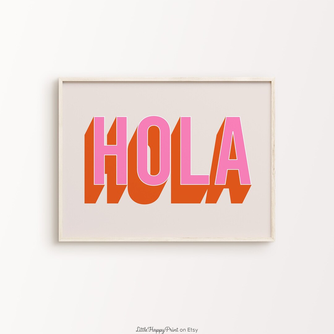 Hola Print | Pink Orange Beige Spanish Word Retro Funky Modern Quote ...