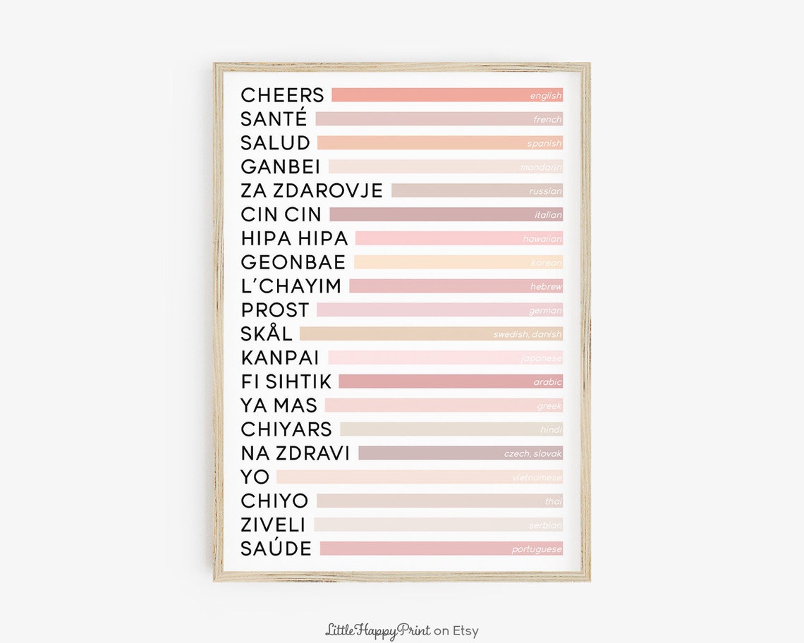 Cheers in Different Languages Print Pink Beige Typography | Etsy