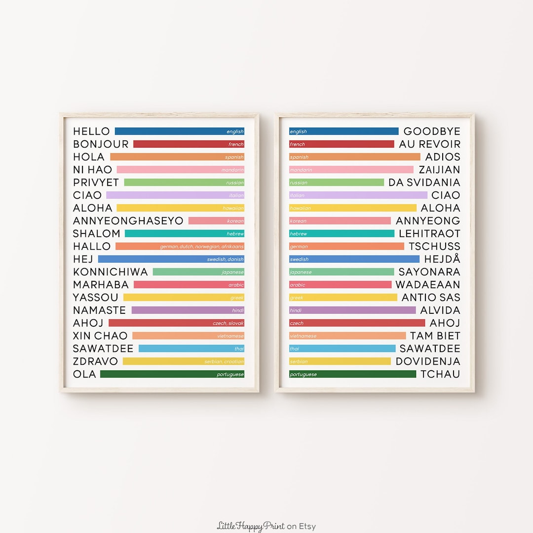Set of 2 Hello & Goodbye in Different Languages | Colourful Typography ...
