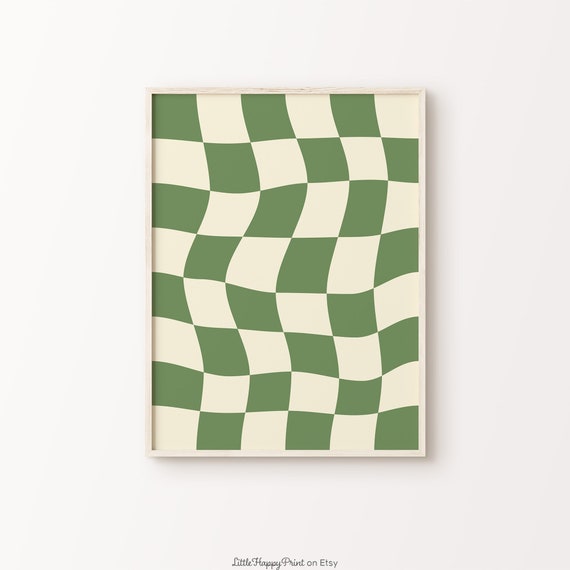 Green Beige Wavy Checker Print Checkerboard Groovy Trendy - Etsy
