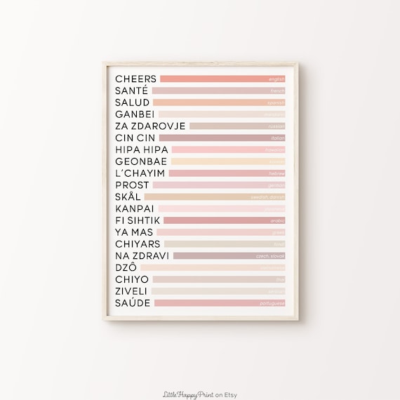 Cheers in Different Languages Print Pink Beige Typography - Etsy