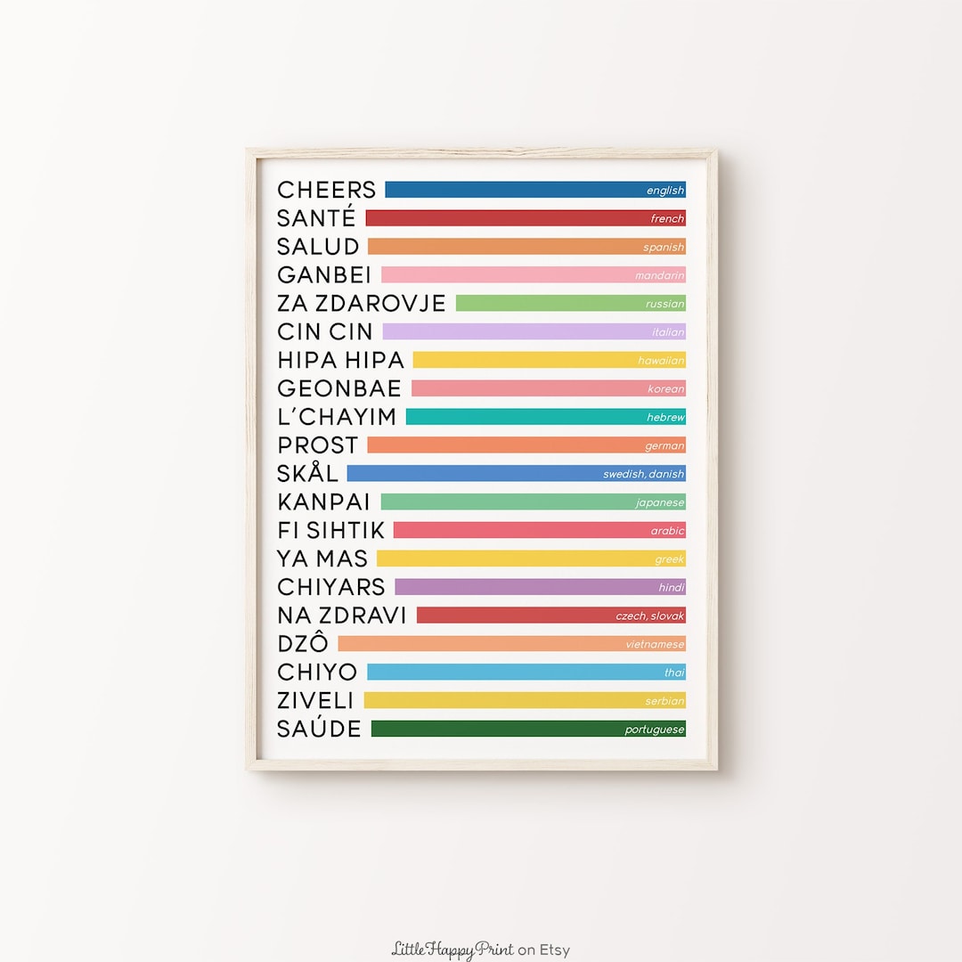 Cheers in Different Languages Print Colourful Typography Fun Home Decor Bar Cart International ...