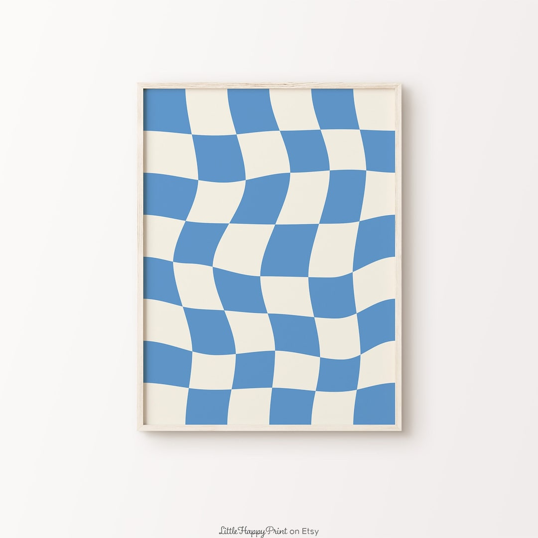 Blue Beige Wavy Checker Print Checkerboard Groovy Trendy Retro Boho ...