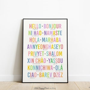 Hello in Different Languages Print Colourful Rainbow Typography Nursery ...