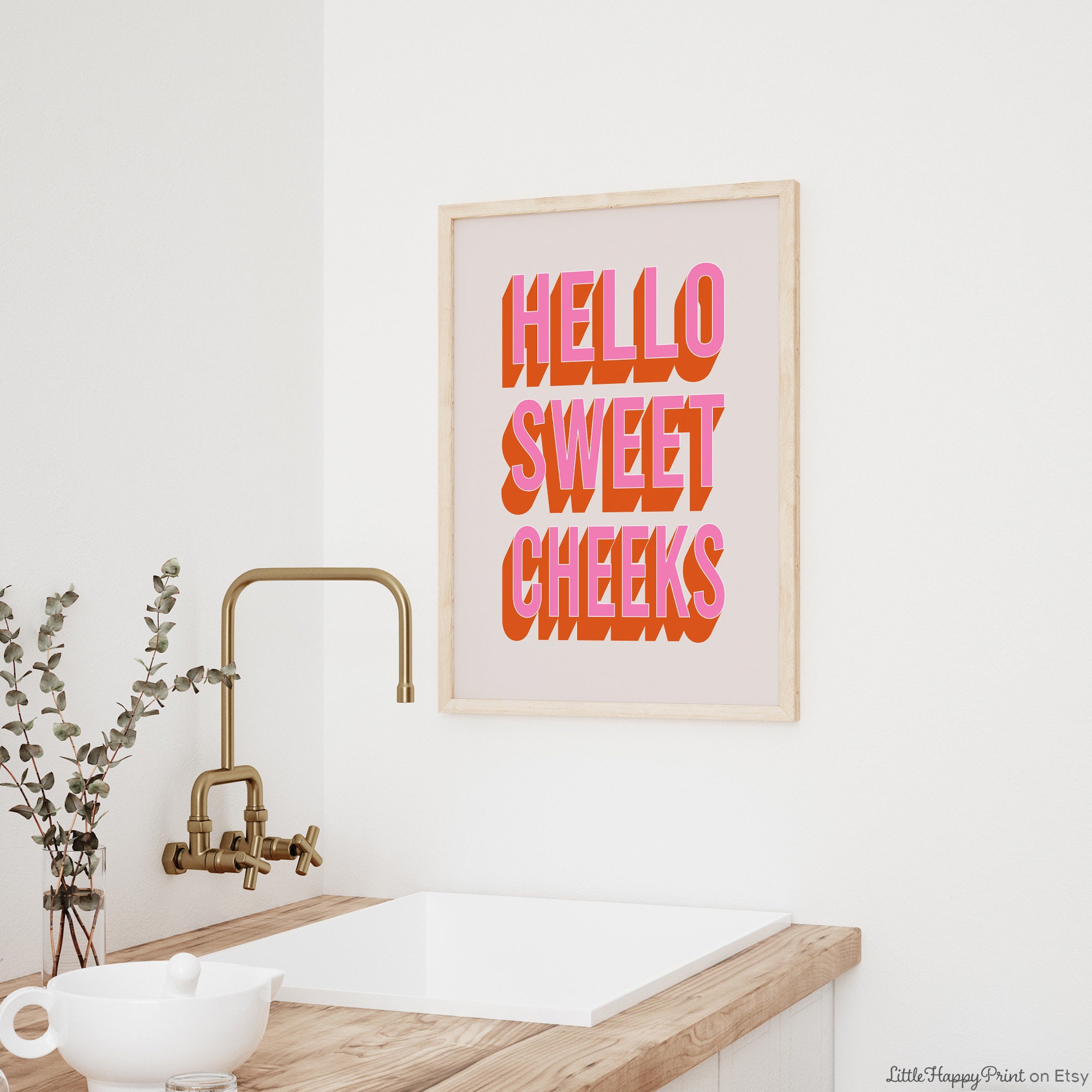 Hello Sweet Cheeks Print | Pink Orange Beige Bathroom Retro Cute ...