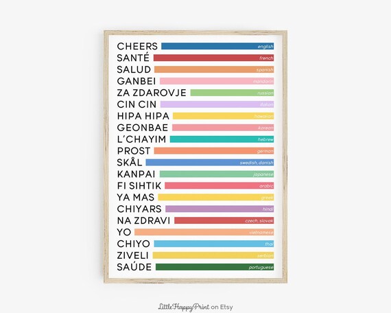 Cheers in Different Languages Print Colourful Typography Fun | Etsy