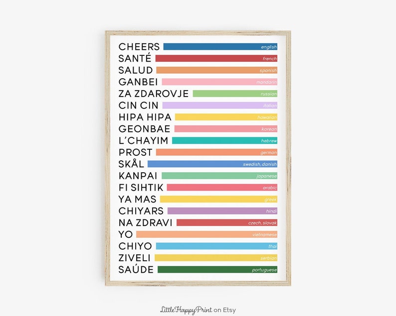Cheers in Different Languages Print Colourful Typography Fun | Etsy