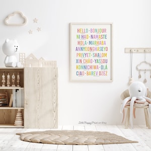 Hello in Different Languages Print Colourful Rainbow Typography Nursery ...