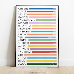 Cheers in Different Languages Print Colourful Typography Fun Home Decor ...