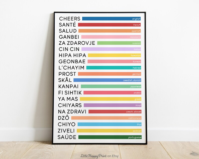 Cheers in Different Languages Print Colourful Typography Fun - Etsy
