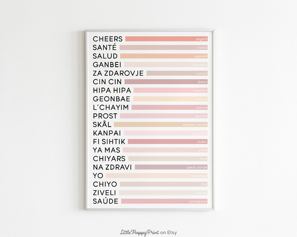 Cheers in Different Languages Print Pink Beige Typography | Etsy