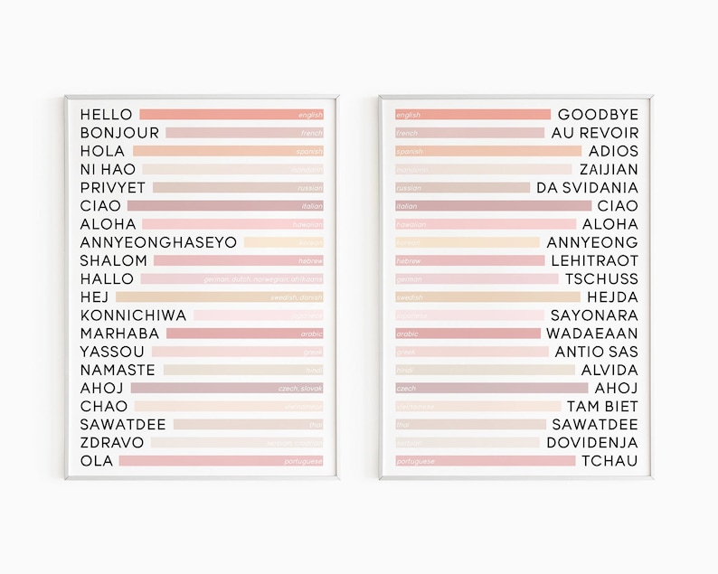 Set of 2 Hello & Goodbye in Different Languages Print Neutral | Etsy