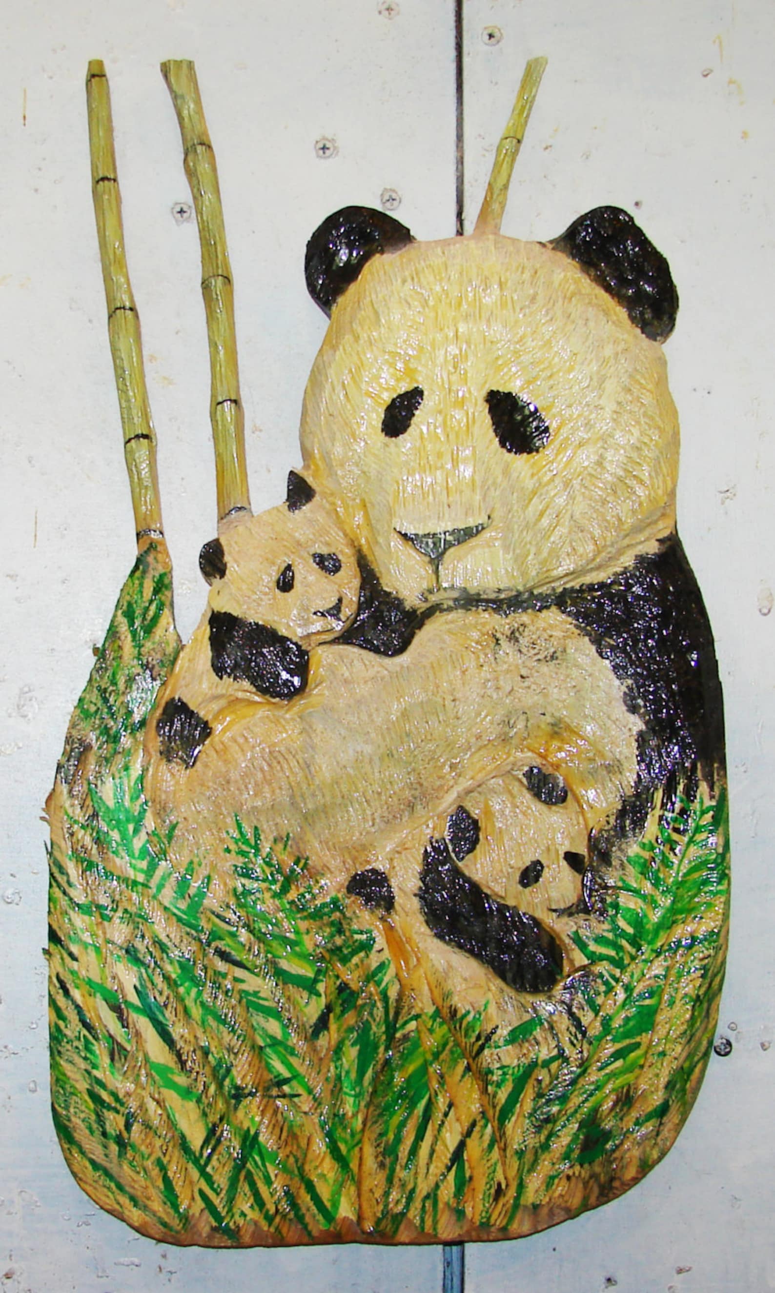 Chainsaw Carved Panda With Cubs in Bamboo | Etsy