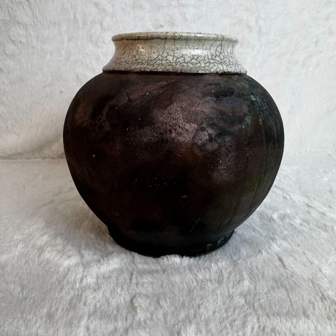 Vintage Raku Studio Art Pottery Vase Iridescent Metallic Glaze Artist ...