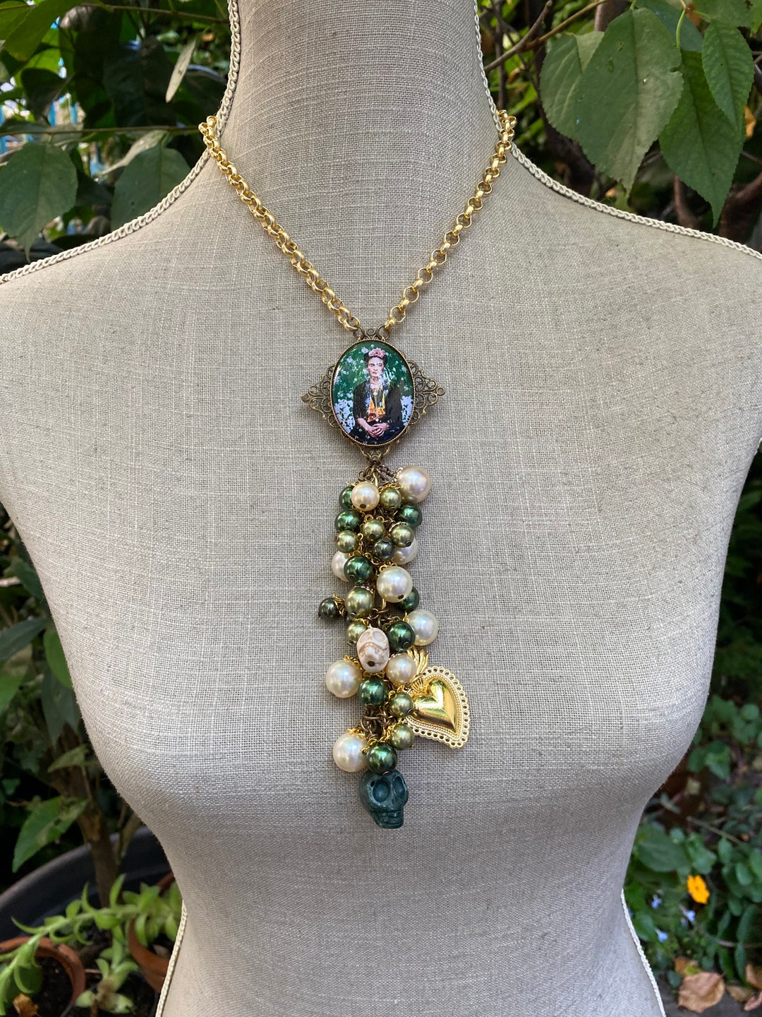 Necklace Frida Kahlo Colorful Sacred Heart Calaveras and Crystal ...