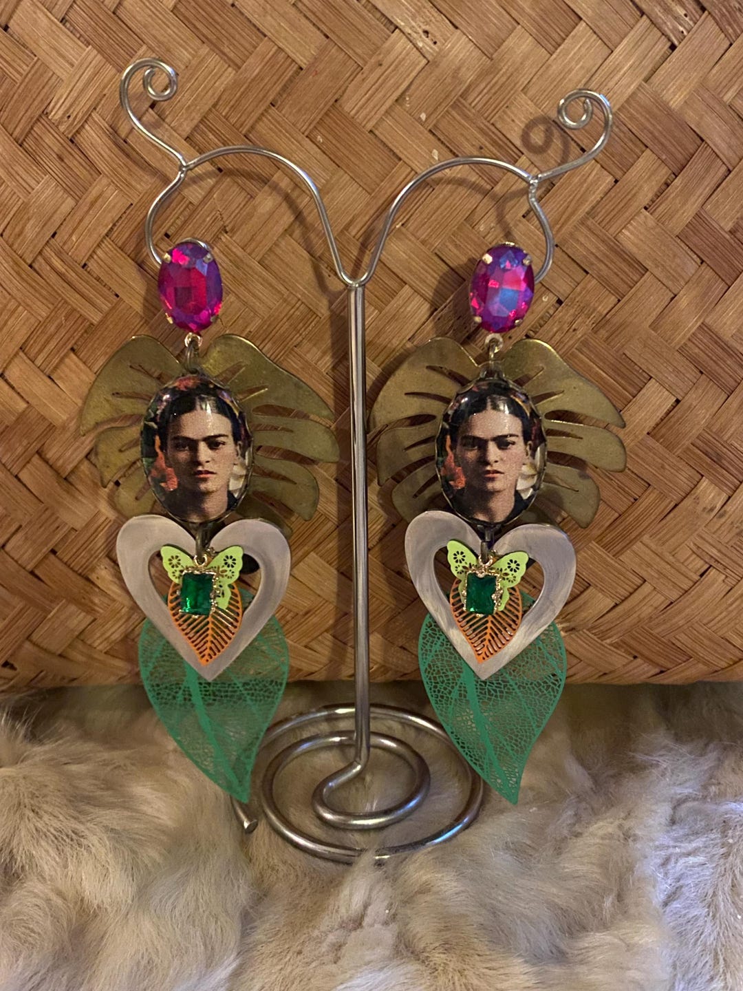 Long Colorful Frida Kahlo Earrings Leaves Hearts Butterflies and ...