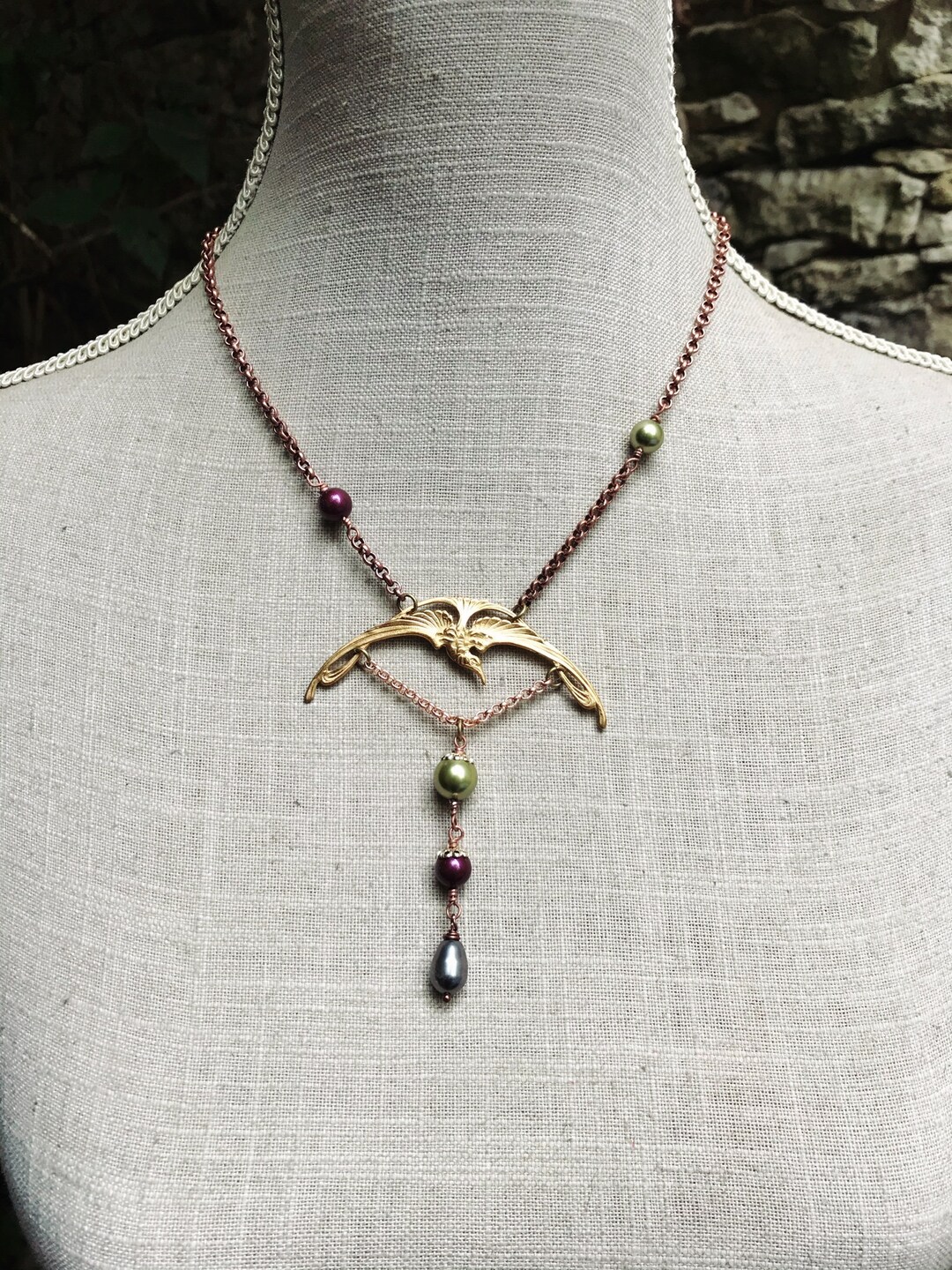 Art-nouveau Crane Necklace in Gilded Brass and Swarovski Crystal "in ...
