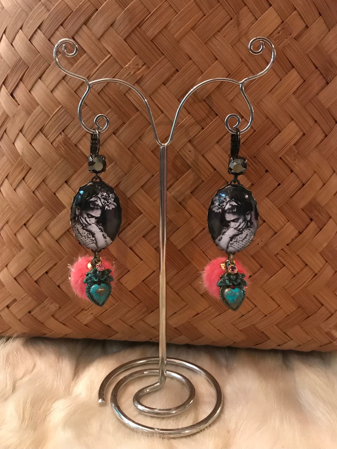 Frida Kahlo Cabochon Earrings With Sacred Heart Pompoms and Swarovski ...