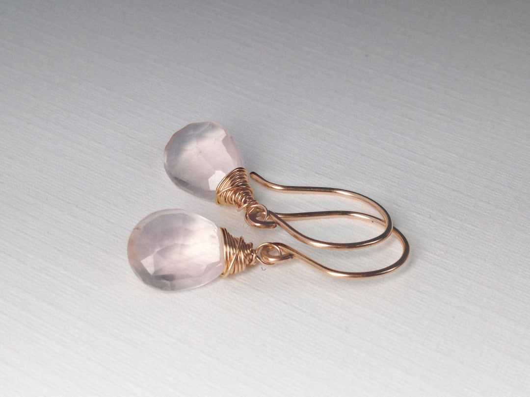 Rose Quartz Earrings - Pale Pink Dangle Drop, Natural Gemstone in Gold ...