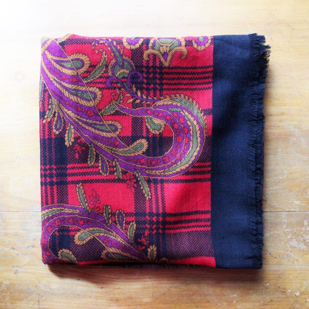 Echo Lightweight Wool 42" Square Scarf Shawl Wrap 90s Red Black Plaid ...