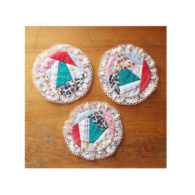 Handmade Scrap Fabric Circular Patchwork Coasters With Lace Trim - Etsy