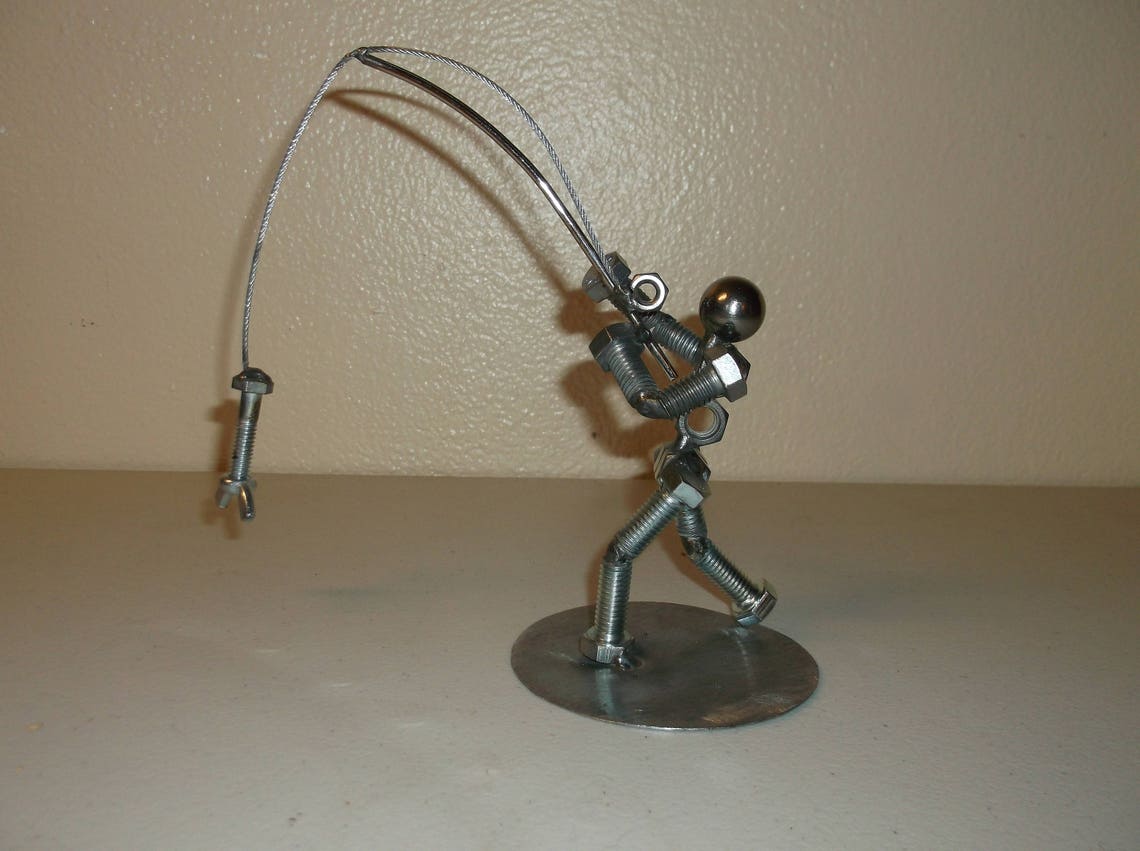 Fisherman Angler Metal Bolt Figurine Upcycled Art | Etsy