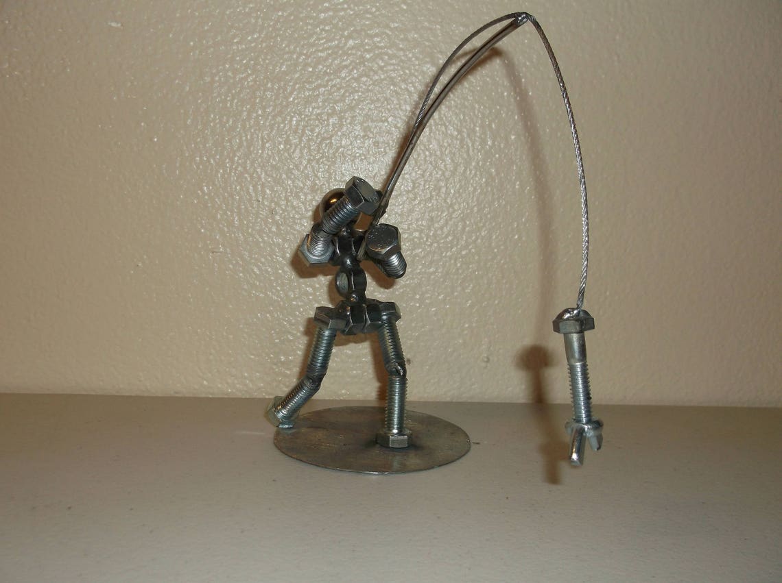Fisherman Angler Metal Bolt Figurine Upcycled Art | Etsy