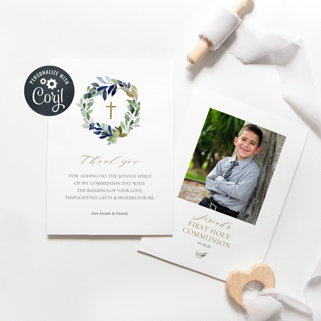 Holy Communion Thank You Card Template, Photo Thank You, Greenery Photo ...