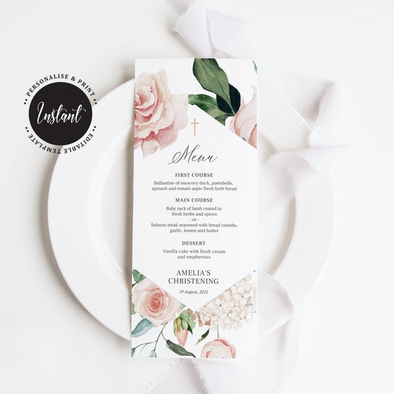 Baptism Menu Christening Menu Girl Baptism Menu Pink Rose - Etsy