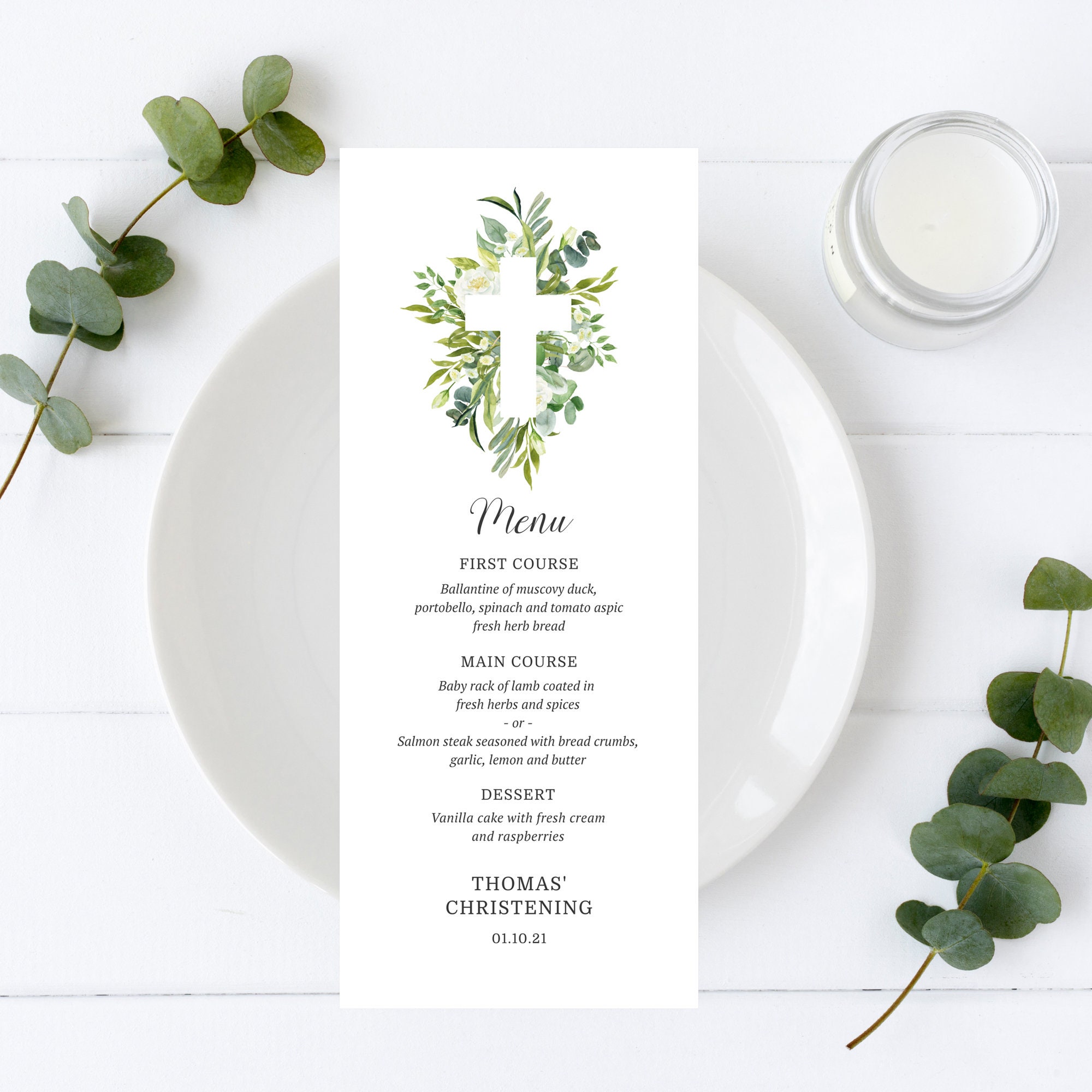 Baptism Menu Template, Christening Menu, Communion Menu, Greenery Cross ...