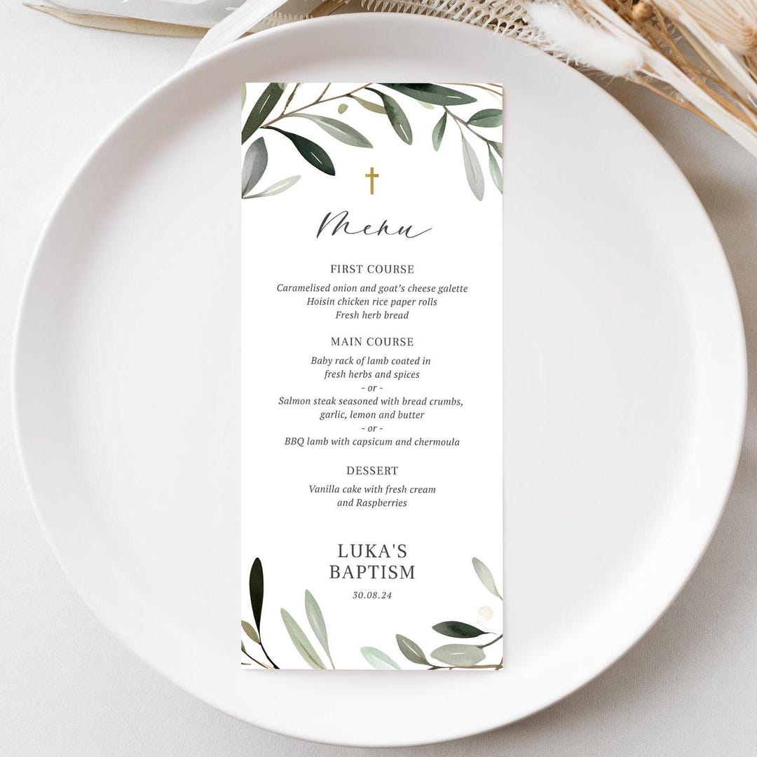 Baptism Menu Template, Christening Menu, Communion Menu, Editable Olive ...