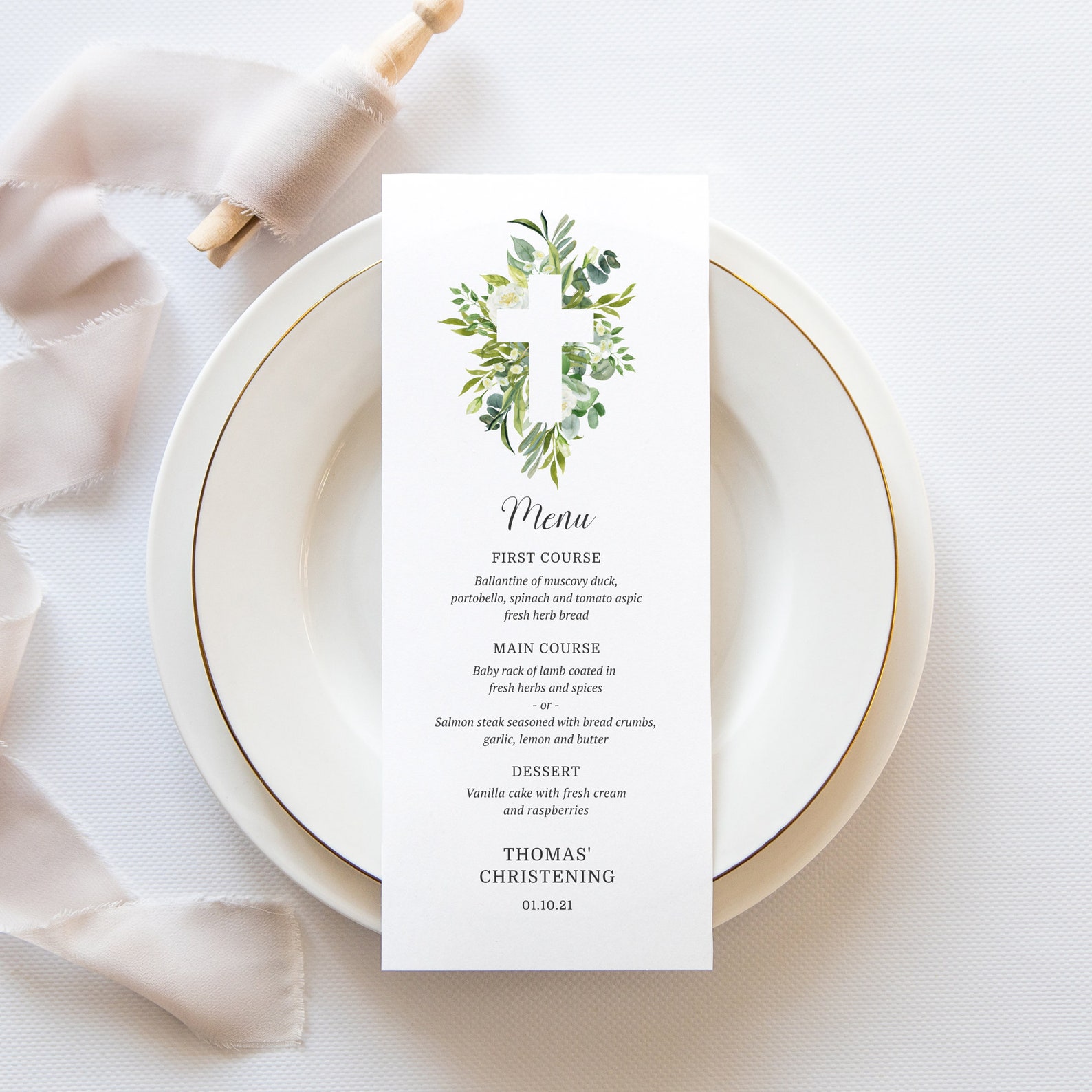 Baptism Menu Template, Christening Menu, Communion Menu, Greenery Cross ...