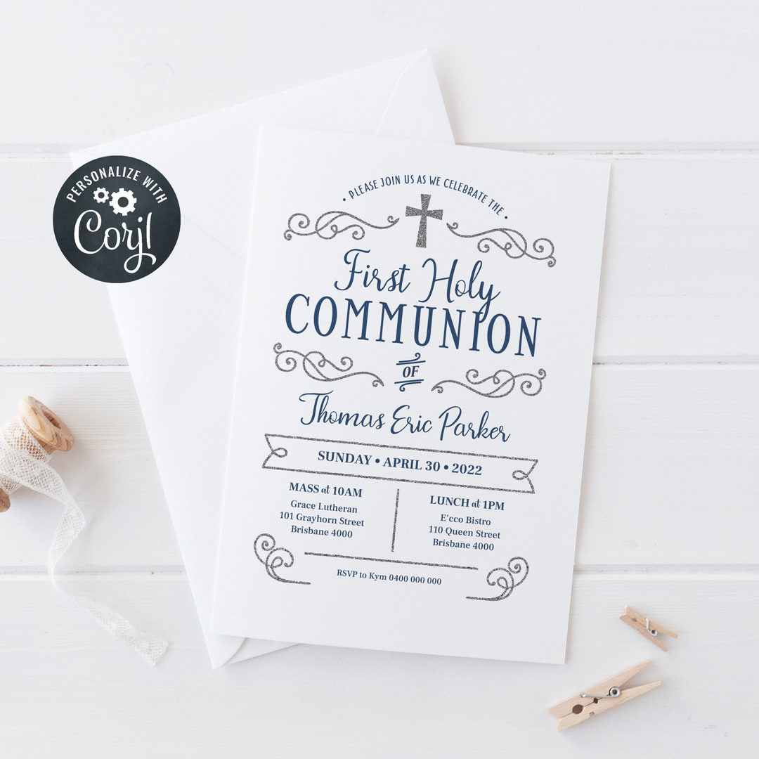 Editable Boy Holy Communion Invitation, First Communion, Navy Boy ...