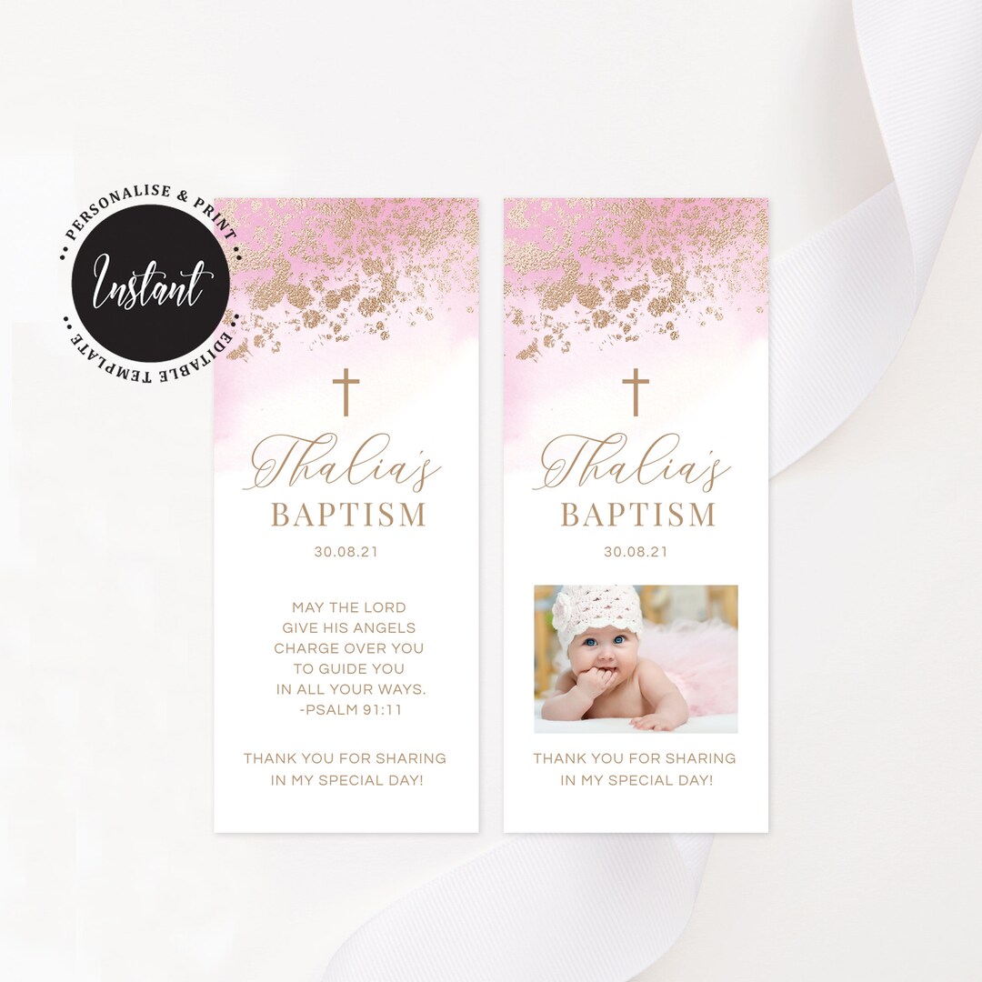 Baptism Bookmark, Christening Favor, Girl Bookmark, Pink and Rose Gold ...