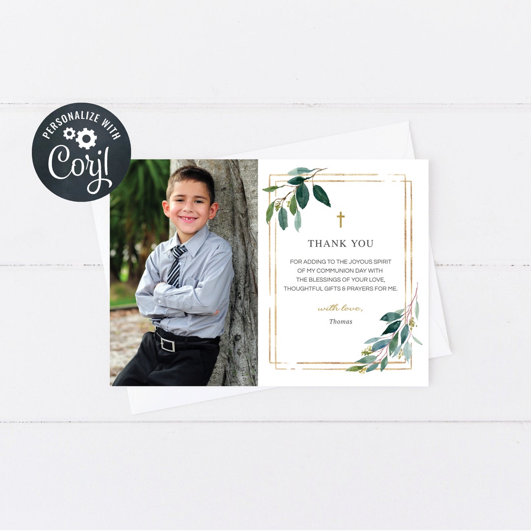 Holy Communion Thank You Card Template, Photo Thank You, Greenery and ...