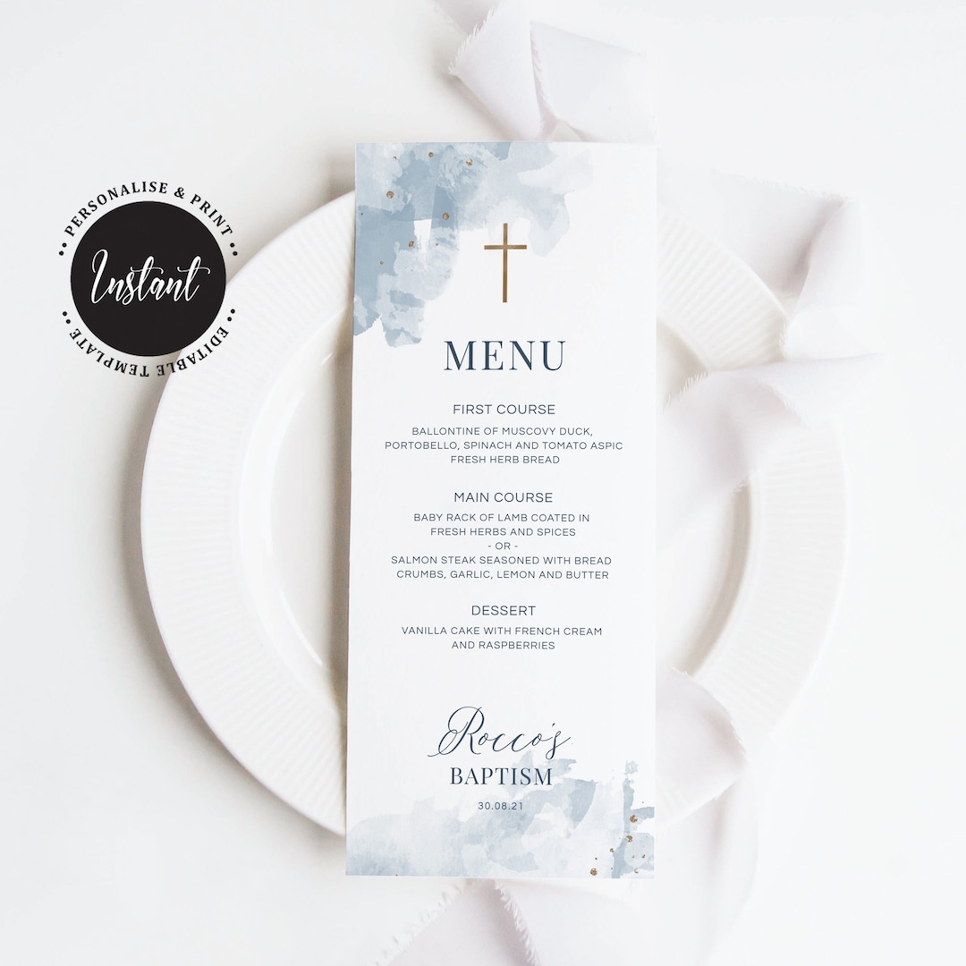 Baptism Menu, Christening Menu, Boy Baptism Menu, Blue & Gold ...