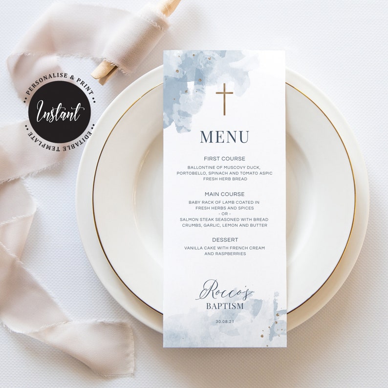 Baptism Menu, Christening Menu, Boy Baptism Menu, Blue & Gold ...