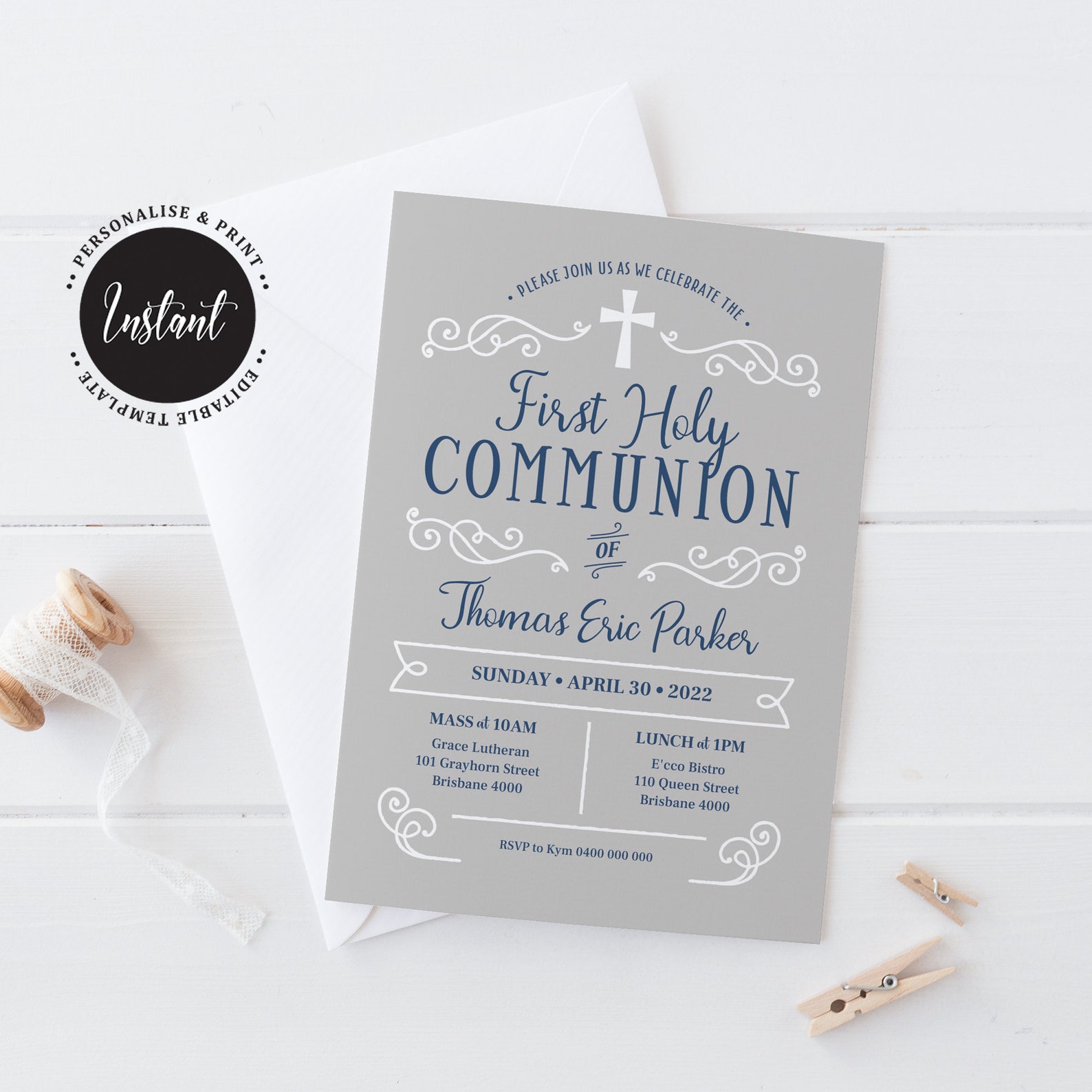 Printable Boy Holy Communion Invitation, Navy and Grey Communion ...